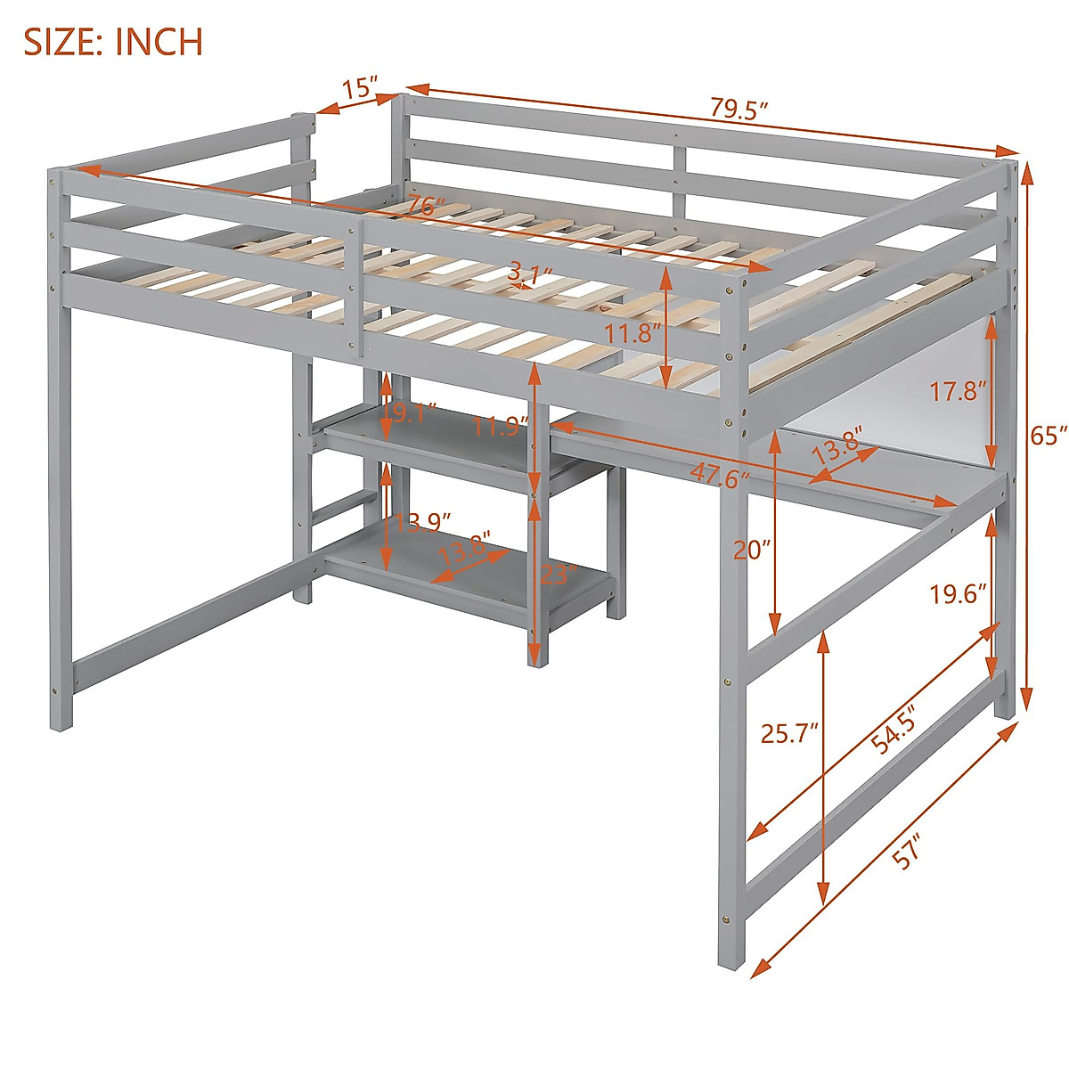 BIADNBZ Full Size Loft Bed with Desk, Shelves and White Writing Board, Wooden High LoftBed Frame, for Kids Teens Bedroom, Gray