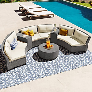 GLIFRON Patio Furniture Sets for 6 Person, Fan-Shaped Half-Moon Curved Outdoor Rattan Sofa with Cushions and Round Table for Porch Lawn Garden Backyard Poolside, Gray+Beige, 1