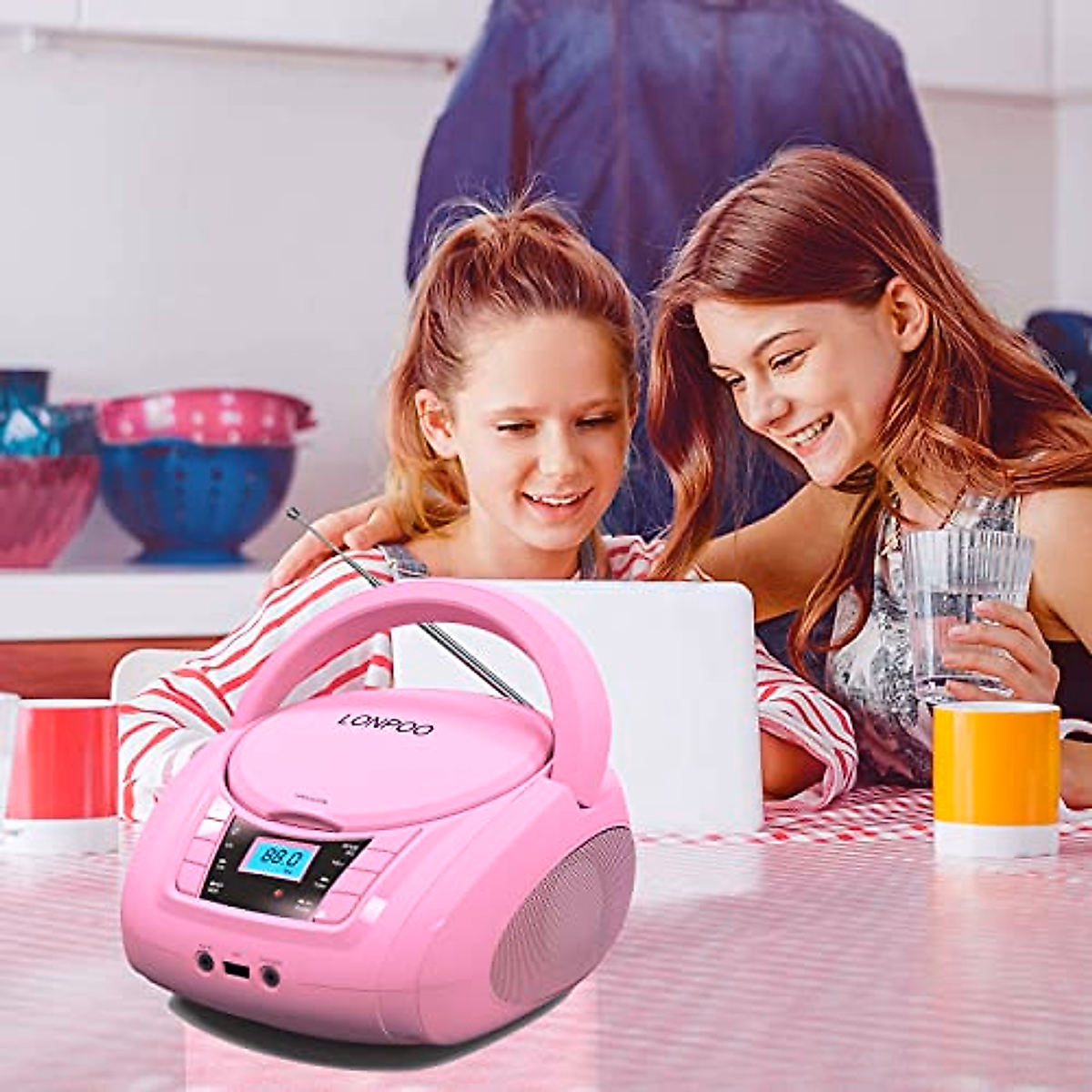 LONPOO Portable CD Player Kids Gift Boombox Classic Stereo Sound System Outdoor Speaker with FM Home Audio Radio, Bluetooth, Aux-in, USB Playback, Pink