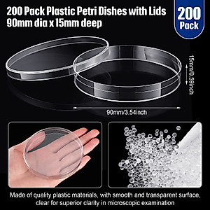 200 Pack Sterile Plastic Petri Dishes with Lids 90mm Dia x 15mm Deep Clear Thick Science Dish Lab Cell Culture Dishes for Lab Science Experiment Lab Analysis Equipment Projects Supplies
