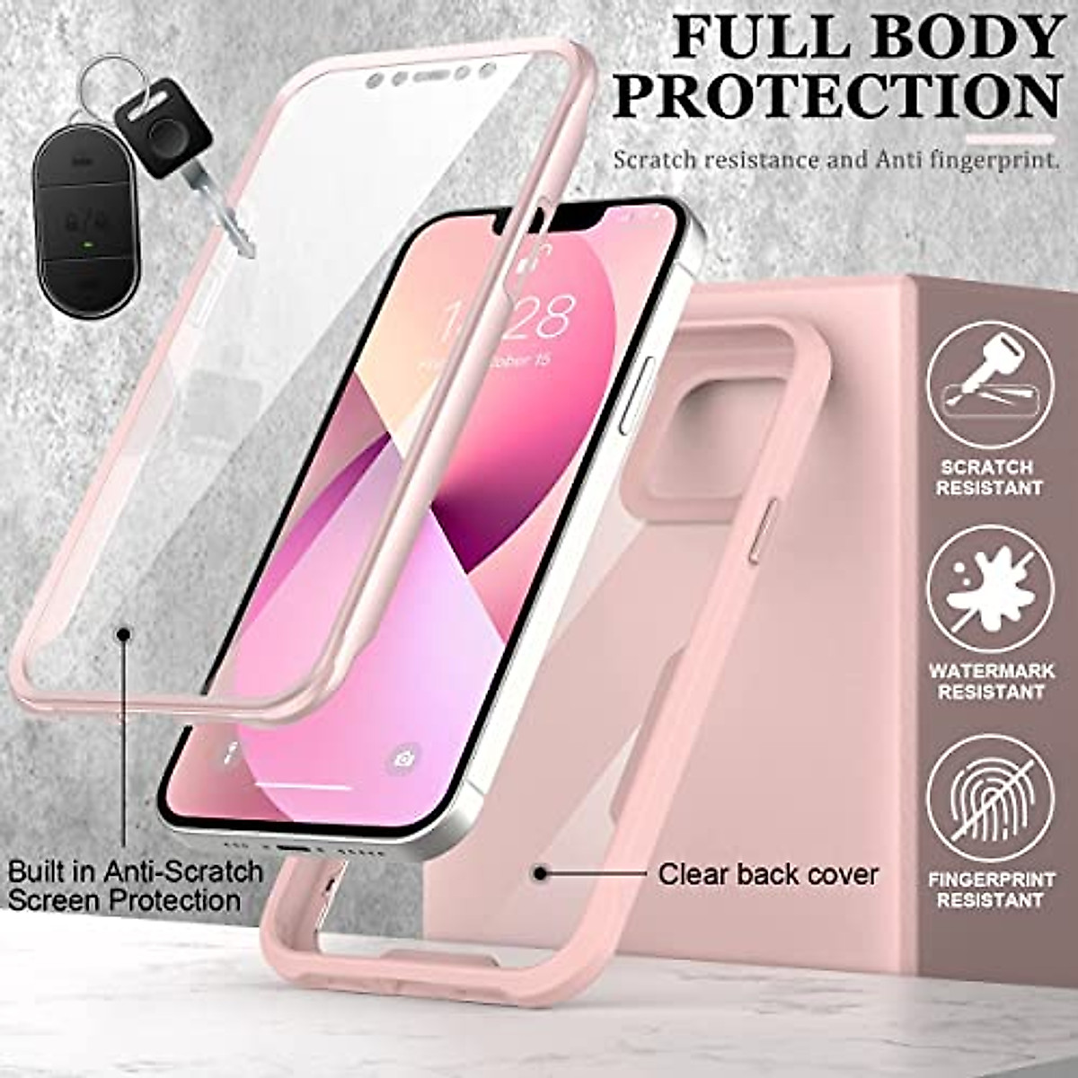 FUNMIKO iPhone 13 Pro Max Case with Screen Protector,Mili-Grade Heavy Duty Protection Pass 21ft. Drop Tested Slim-fit Clear Cover Protective Phone Case for Apple iPhone 13 Pro Max 6.7" Light Pink