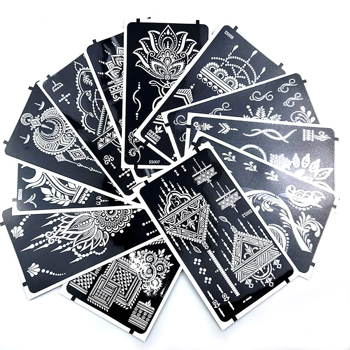 XMASIR 12 Sheets Henna Tattoo Stencils, Glitter Airbrush Hand Temporary Tattoo Stickers Indian Arabian Self Adhesive Tattoo Templates (S5-12P)