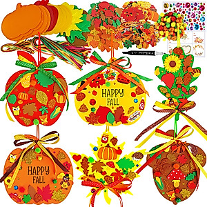 Winlyn 24 Sets Fall Pumpkin Ornaments Decorations DIY Fall Craft Kits Foam Pumpkin Apple Acorn Autumn Leaf Stickers for Kids Party Favors Thanksgiving Halloween Classroom Home Activity Tree Door Decor