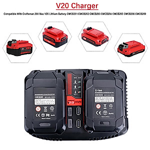 CMCB124 Dual Port V20 Battery Fast Charger Replacement for Craftsman 20V MAX V20 Battery Lithium CMCB202 CMCB201 CMCB209 CMCB205 CMCB100 CMCB102 CMCB101
