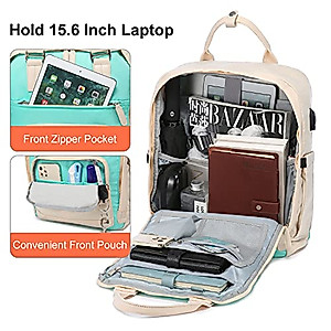 LOVEVOOK Laptop Backpacks for Women,Lightweight Cute Backpack with USB Charging Port Aesthetic Casual Travel Backpack 15.6 Inch,White&Green