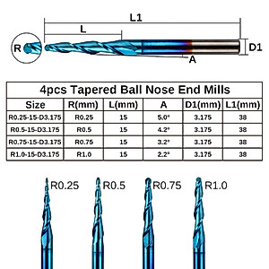 Genmitsu 4pcs 2-Flute Tapered Ball Nose End Mills Tungsten Carbide Cutter with Nano Blue Coat, R0.25-1.0, 1/8” Shank, TB04A