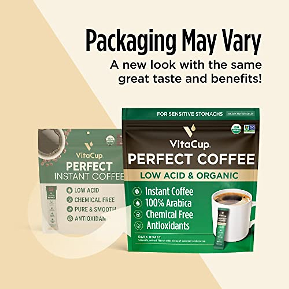 VitaCup Perfect Low Acid Instant Coffee Packets, Dark Roast Coffee, USDA Organic & Fair Trade, Third Party Tested for Mycotoxins & Pesticides, Single Origin, Clean & Pure, 24 ct