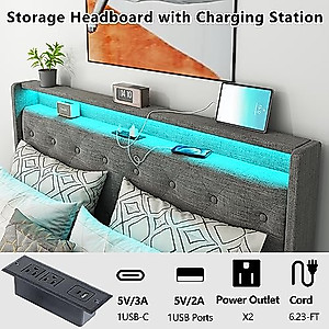 Loomie Queen Lift Up Bed Frame with Charging Station & LED Lights, Upholstered Bed with Button Tufted Wingback Storage Headboard, Hydraulic Storage, No Box Spring Needed, Wood Slats Support,Light Grey