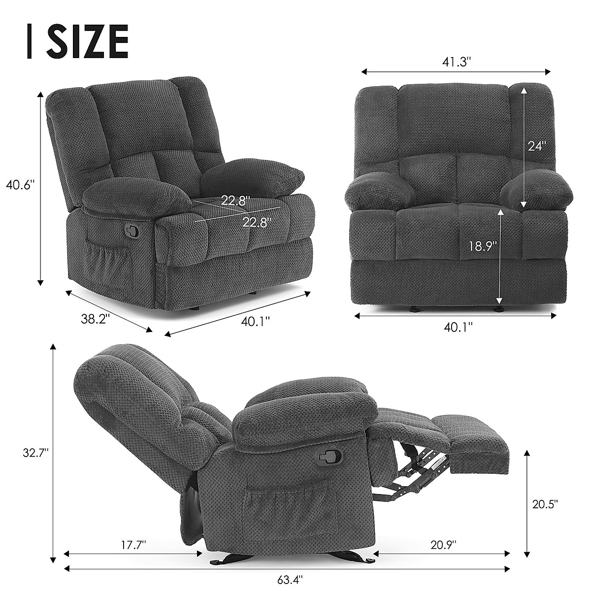 STARY Rocker Recliner Sofa Living Room Chair for Adults, Grey