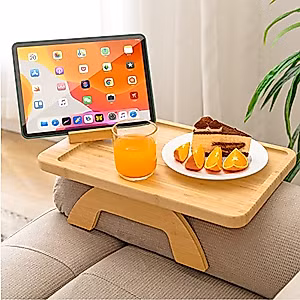 SINWANT Bamboo Sofa Tray Table Clip on Side Table for Wide Couches Arm, Foldable Couch Tray with 360° Rotating Phone Holder, Armrest Table for Eating/Drinks/Snacks/Remote/Control