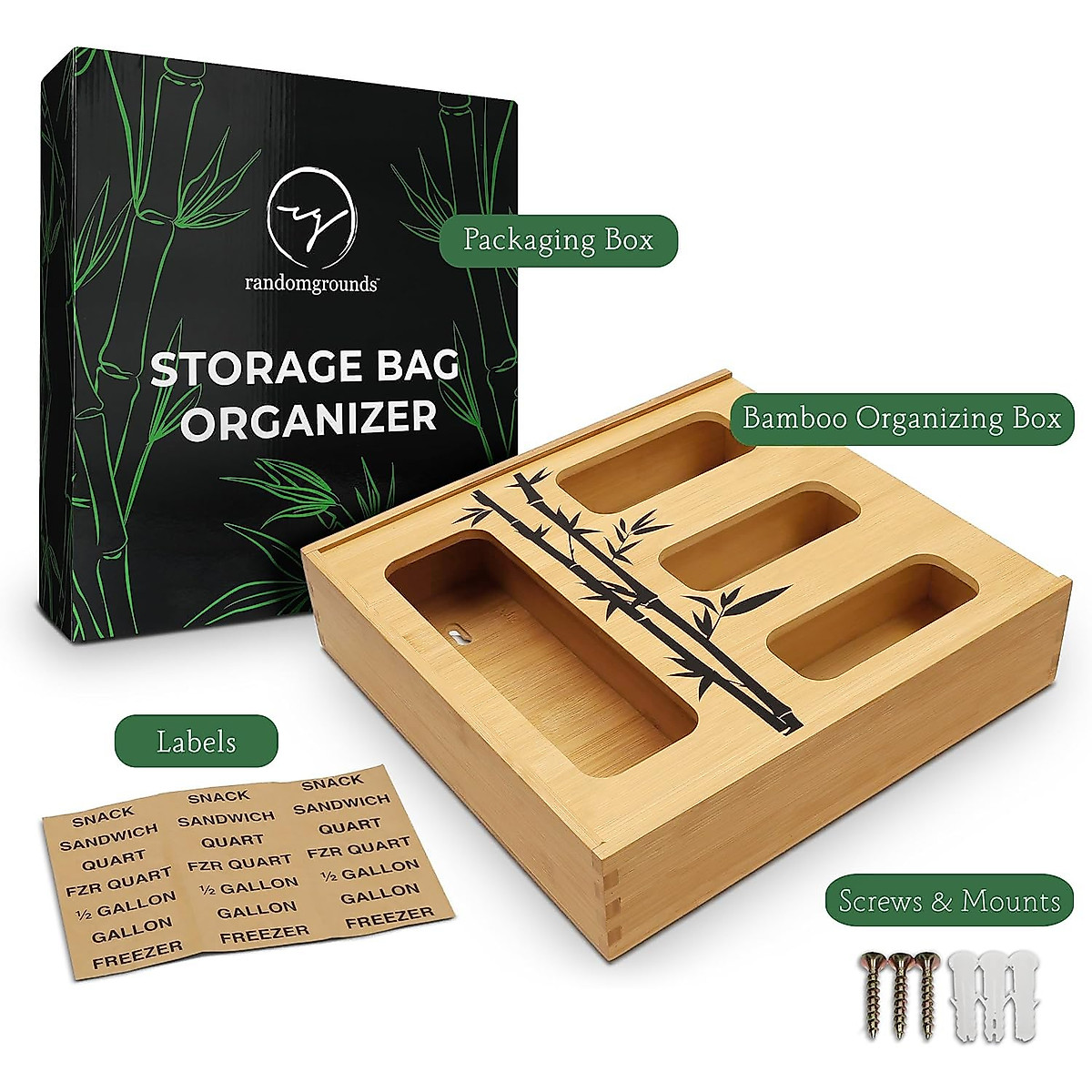 randomgrounds Zipper Bag Storage Organizer for Drawer - Artistic Design 100% Bamboo Wooden Zipper Plastic Sandwich Baggie, Zipper Home Kitchen Pantry Organization Holder with Magnetic Lock