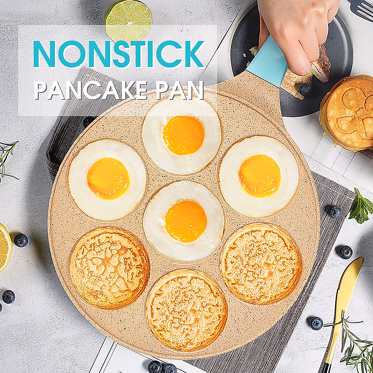 Pancake Pan 7 Molds Nonstick Breakfast Griddle Blini pan, Gas Compatible,9.7 inch Blue