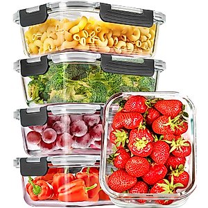 CEKEE Glass Meal Prep Containers with Lids, 5 Pack 36 OZ Glass Food Storage Containers, Airtight Glass Lunch Containers Set, Salad Container for Microwave, Oven, Freezer & Dishwasher Safe