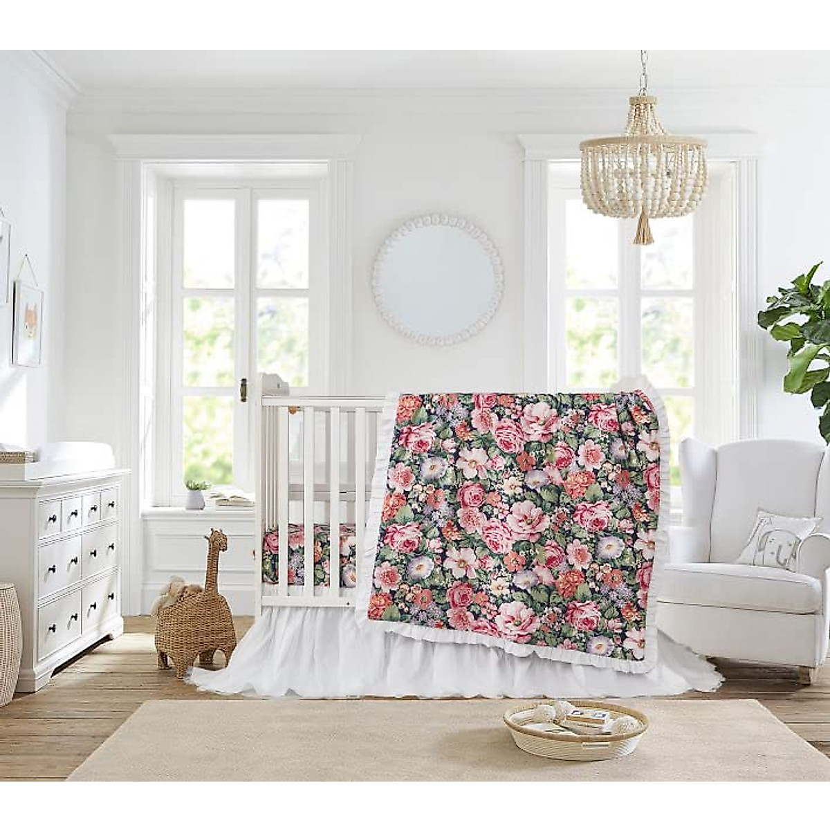 Brandream 3-Piece Crib Bedding Sets for Girls Garden Allure Blossom Floral Baby Nursery Set | Crib Comforter, Fiited Crib Sheet, White Tulle Lace Crib Bed Skirt, Pink Purple Green,100% Cotton