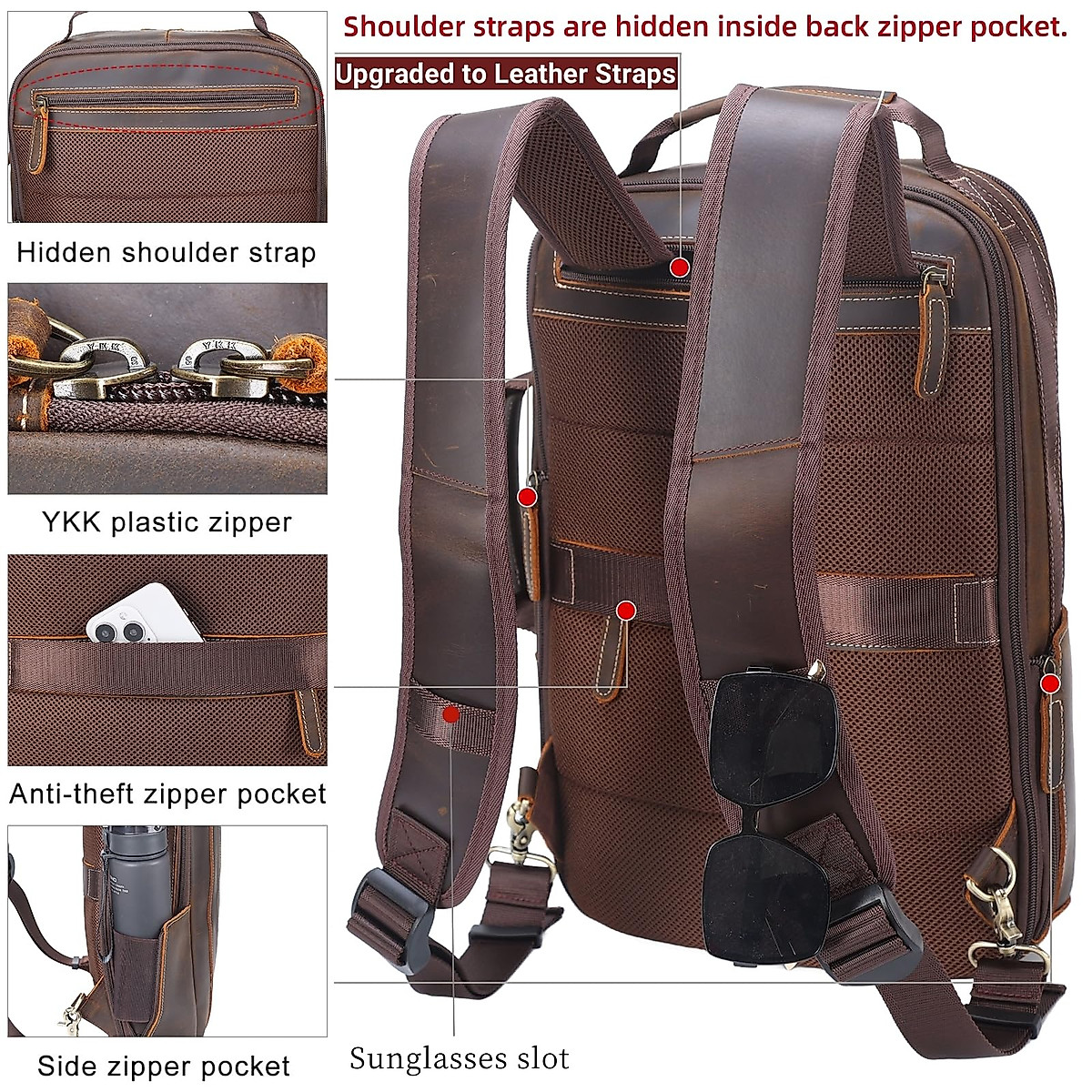 Masa Kawa Leather 15.6" Laptop Backpack for Men Convertible Briefcase Backpacks School Bookbag Expandable Vintage Business Work Travel Rucksack Daypack, Brown