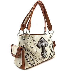 Zelris Fall Fern Leaf Western Cross Women Conceal Carry Handbag Wallet Set (Beige)