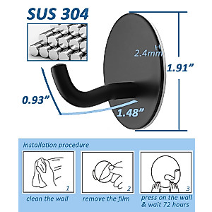 Heavy Duty Self Adhesive wall towel hooks Waterproof stick on bathroom kitchen door wall mount stainless steel matte black for hanging clothes robe coat, metal no drill rustproof oilproof 6 pack