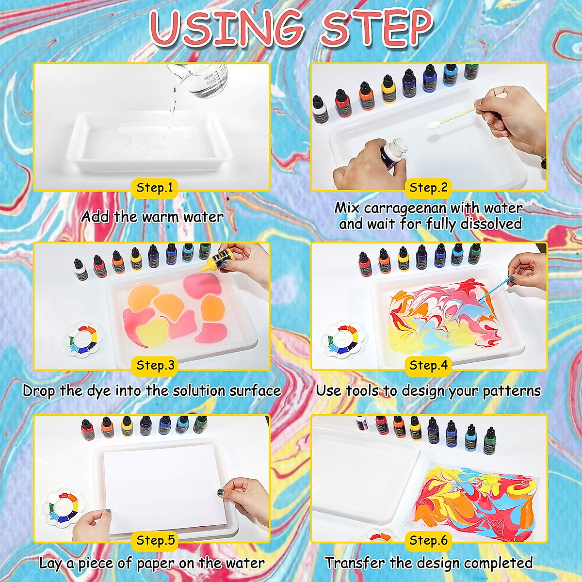 Marbling Paint Kit for Kids, Arts and Crafts for Teens, Preteens, Kids Ages 6-12 - Creative Toys Gifts for Girls & Boys Ages 4 5 6 7 8 9 10 11 12(Marble Paint on Water, 8Colors/20ml)