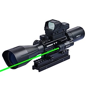 Pinty Rifle Scope 4-12x50 with 4MOA Red Dot Sight & Green Laser for 20mm Picatinny or Weaver Rail Long Guns, RG Illuminated Rangefinder Scope Combo for Guns Rifles