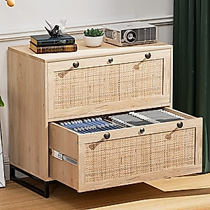 VINGLI Wood Rattan 2-Drawer Lateral File Cabinet with Lock for Home Office, Lockable Filing Cabinet with Rustic Metal Handles for Hanging Letter/A4/Legal Size Labeled Folders, Oak, 30W x 16D x 28H