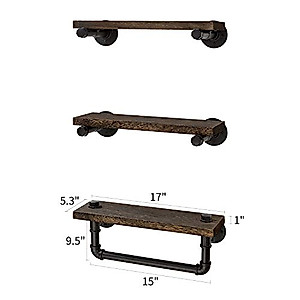 Mkono Floating Shelves with Industrial Pipe Brackets and Towel Bar, Set of 3 Rustic Bathroom Shelf Wall Mounted Shelves Wood Storage Shelving Home Decor for Bedroom Kitchen Living Room