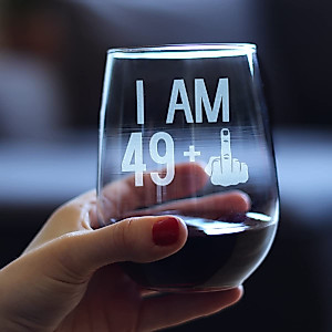 49 + 1 Middle Finger - 50th Birthday Stemless Wine Glass for Women & Men - Cute Funny Wine Gift Idea - Unique Personalized Bday Glasses for Best Friend Turning 50 - Drinking Party Decoration