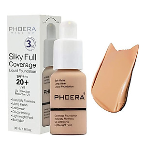 BestLand 2Pack PHOERA Foundation Full Coverage Liquid Foundation Cream - Long-lasting Lightweight Concealer - Oil-Free Formula - Natural Shade - Suitable for All Skin Types (104 Buff Beige & 105 Sand)