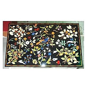Pietra Dura Black Marble Rectangular 48" x 30" Inch Dining Table Top, Bird Inlay Fruit Inlay and Flowers Inlay Design Outdoor Decor, Indoor Decor Table Top, Piece Of Conversation, Family HeirLoom
