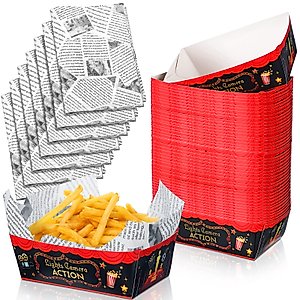 100 Pcs Movie Night Party Supplies Carnival 2 lb 50 Movie Paper Food Tray Party Bowl with 50 Waxed Deli Paper for Movie Decorations Movie Serving Tray Snack Popcorn Holder Assembled(Movie Style)