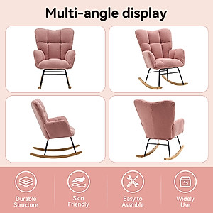 Nursery Rocking Chair Teddy Fabric Padded Seat with High Backrest and Armrest Accent Chair Upholstered Armchair Single Sofa Accent Glider Rocker for Living Room Bedroom Offices (Pink Teddy)