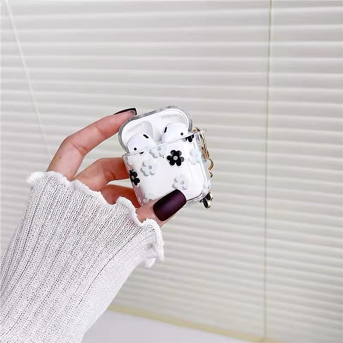 ZHIRUAN Airpods 2nd & 1st Generation Case Earbuds Case Protective Cover Skin with Keychain Airpods Accessories Compatible with AirPods Charging Case 2 & 1 (Black Flower)