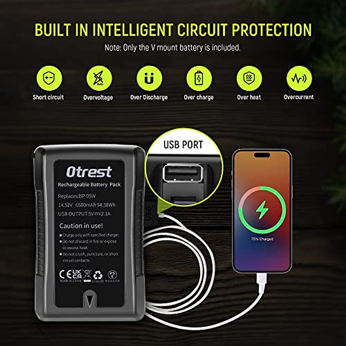 OTREST 6600mAh V Mount Battery, BP-95W 14.8V 95Wh Rechargeable Li ion Battery with D Tap Output Charger and Cable for Video Broadcast LED Light Compatible with Sony BMPCC Camera Camcorder