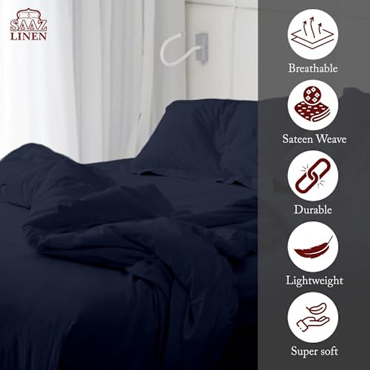 Saaz Linen 1000 Thread Count Full Size Sheet Set - 100% Egyptian Cotton Hotel Luxury Collection Bedding Sheets - Fits Upto 16 Inch Deep Pocket - Sateen Weave Solid 4 Piece Sheets Set (Navy Blue)