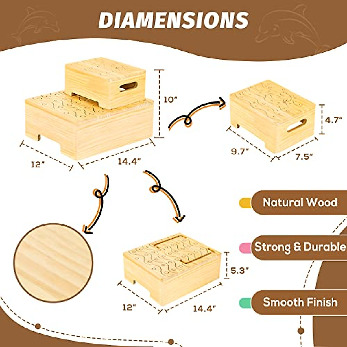 VITEVER Toddler Step Stool, Wooden Two Step Stool for Kids, Stackable and Non Slip Base Kids Step Stool for Bathroom, Potty Training, Kitchen, Bedroom