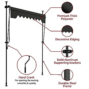 STEELAID Manual Retractable Awning – 118” Non-Screw Outdoor Sun Shade – Adjustable Pergola Shade Cover with UV Protection – 100% Polyester Made Outdoor Canopy – Ideal for Any Window or Door
