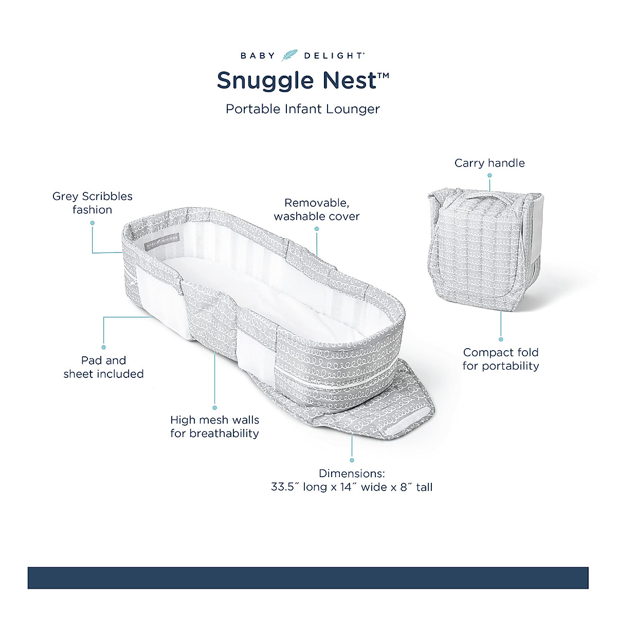Baby Delight Snuggle Nest Portable Infant Lounger, Unique Patented Design, Grey Scribbles