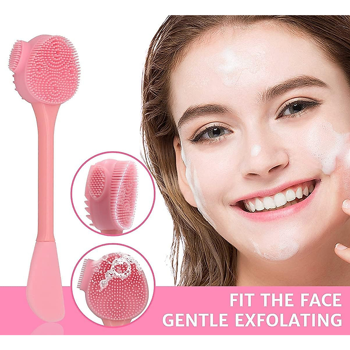 2 Pack Silicone Face Scrubber, 4 in 1 Facial Cleansing Brush, Handheld Face Wash Brush for Pore Cleansing, Gentle Exfoliating, Removing Blackhead, Blue and Pink