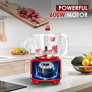 Homtone 16 Cup Food Processor, French-Fry-Cutter Food Processors, 9 Functions 7 Blades for Shredding, Slicing, Doughing, Emulsfying and Meat Vegetable Chopping for Home Use, 3 Speeds, 600W, Red