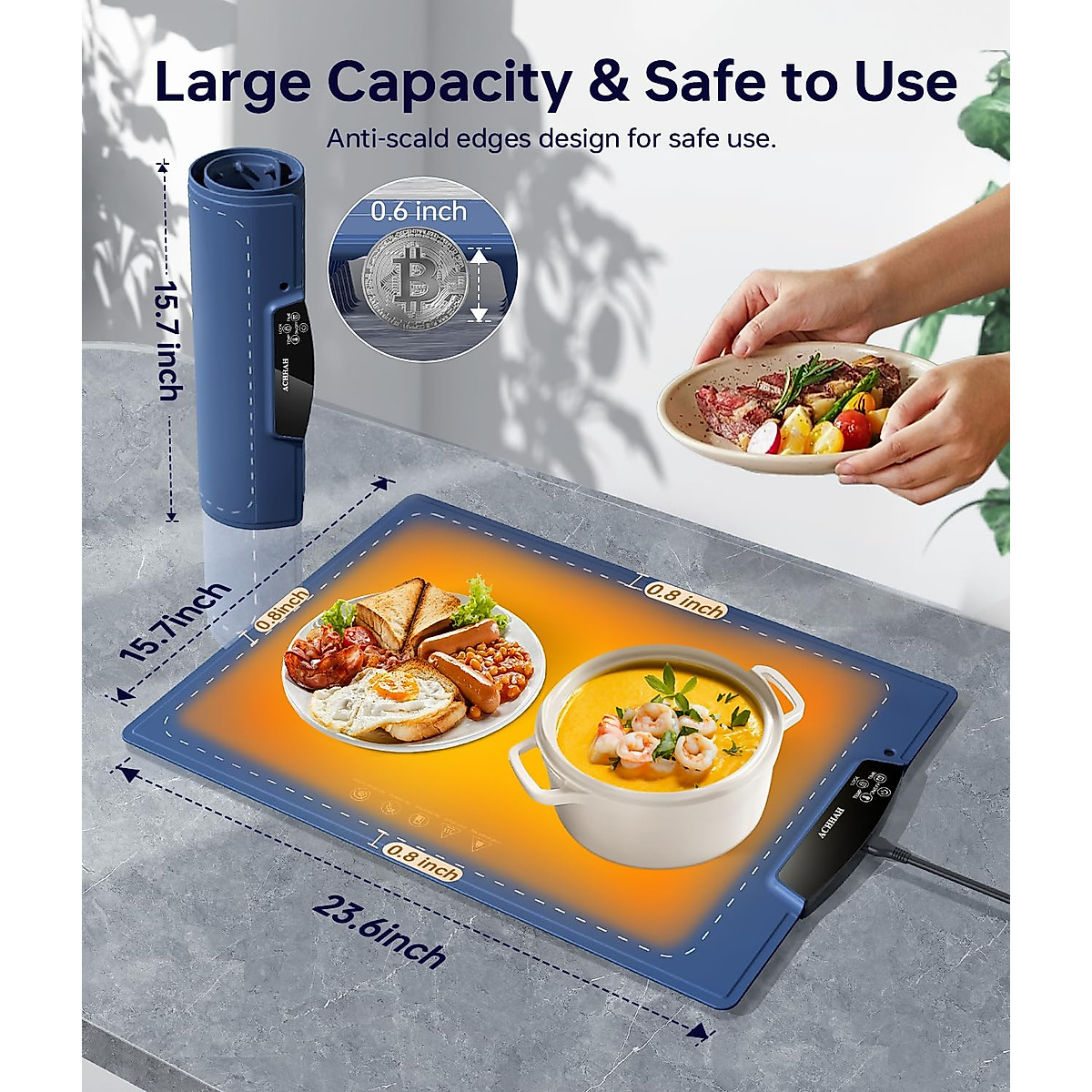 Food Warming Tray, Electric Food Warming Mats with 9 Temperature & 11 Timer Settings, Auto Shut-Off, Rollable Silicone Food Warmer for Buffets, Parties, Gatherings, Christmas, Everyday Use, Navy Blue