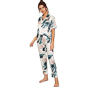 Floerns Women's Printed Two Piece Short Sleeve Sleepwear Long Pants Pajamas Sets A White S