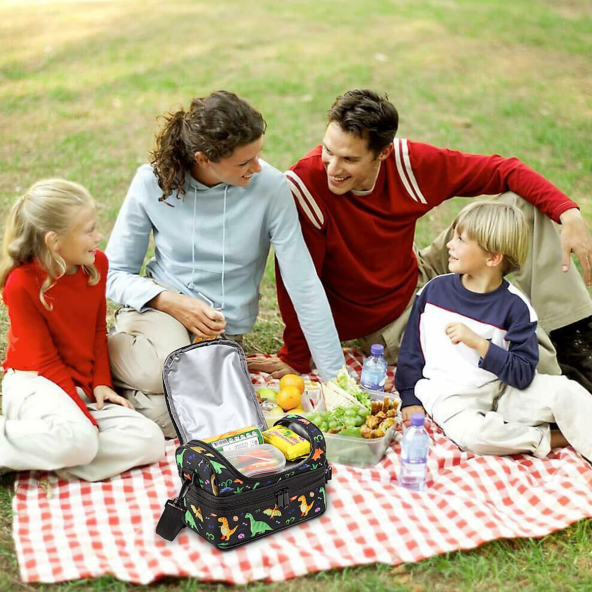 Kasqo Lunch Box Bag for Boys, Insulated Cooler Bag Kids Lunch Tote with Dual Compartments, Black Dinosaur