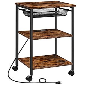 HOOBRO Printer Stand, 3 Tier Printer Cart with power outlet and USB Port, Industrial Printer Table Rolling Cart with Storage Drawer on Wheels, for Home Office, Rustic Brown and Black BF23UPS01
