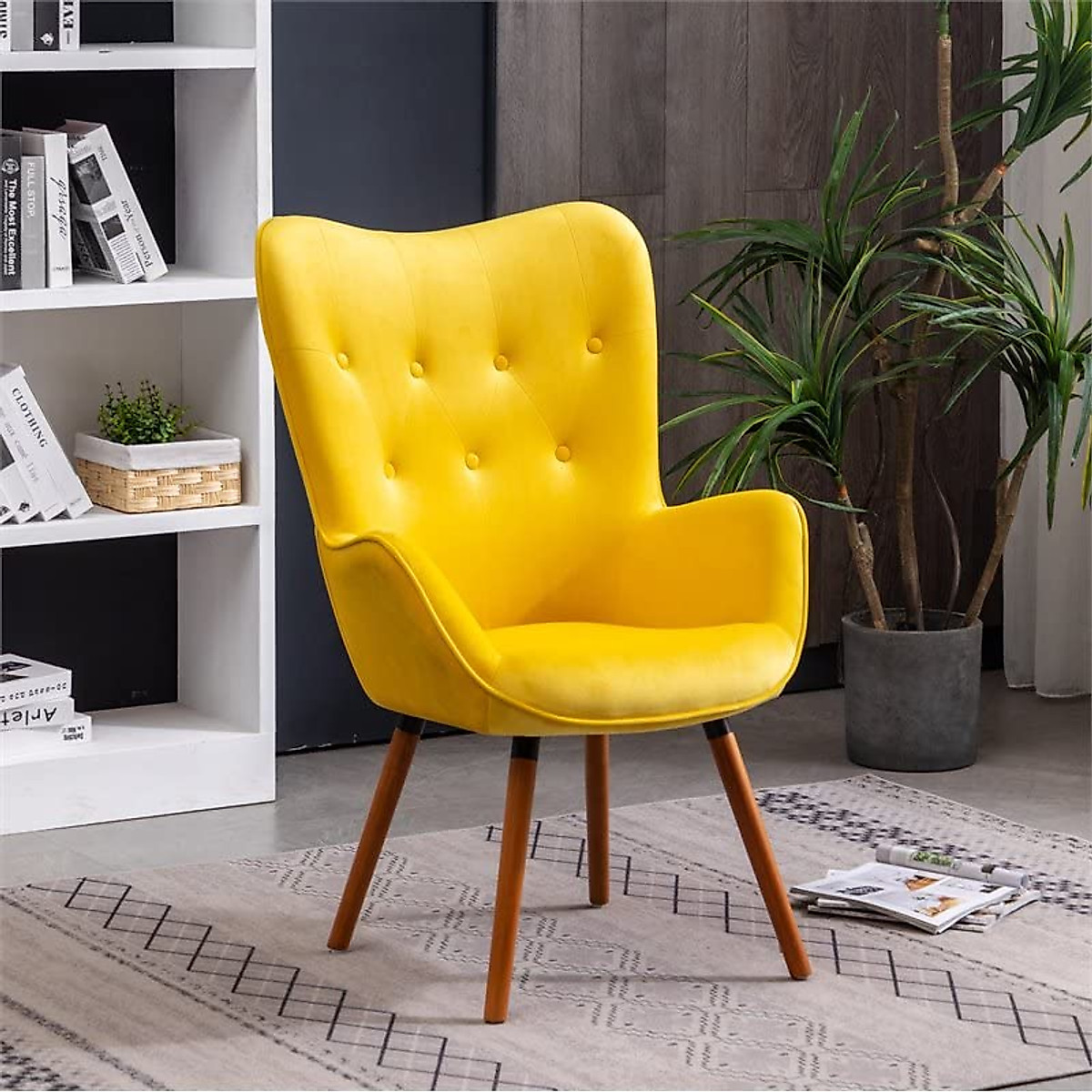 Roundhill Furniture AC155YL Doarnin Silky Velvet Tufted Button Accent Chair, Yellow 30D x 41.5W x 26.8H in