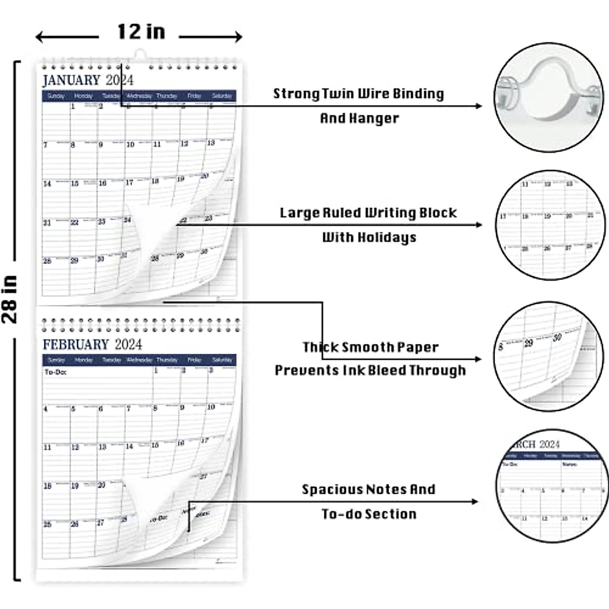 2023-2024 2-Month View Wall Calendar by StriveZen, Move-a-Page, Monthly, Foldable, Vertical, April 2023 - December 2024, 12x 28 Inches, Large, Minimalist, 21 Months