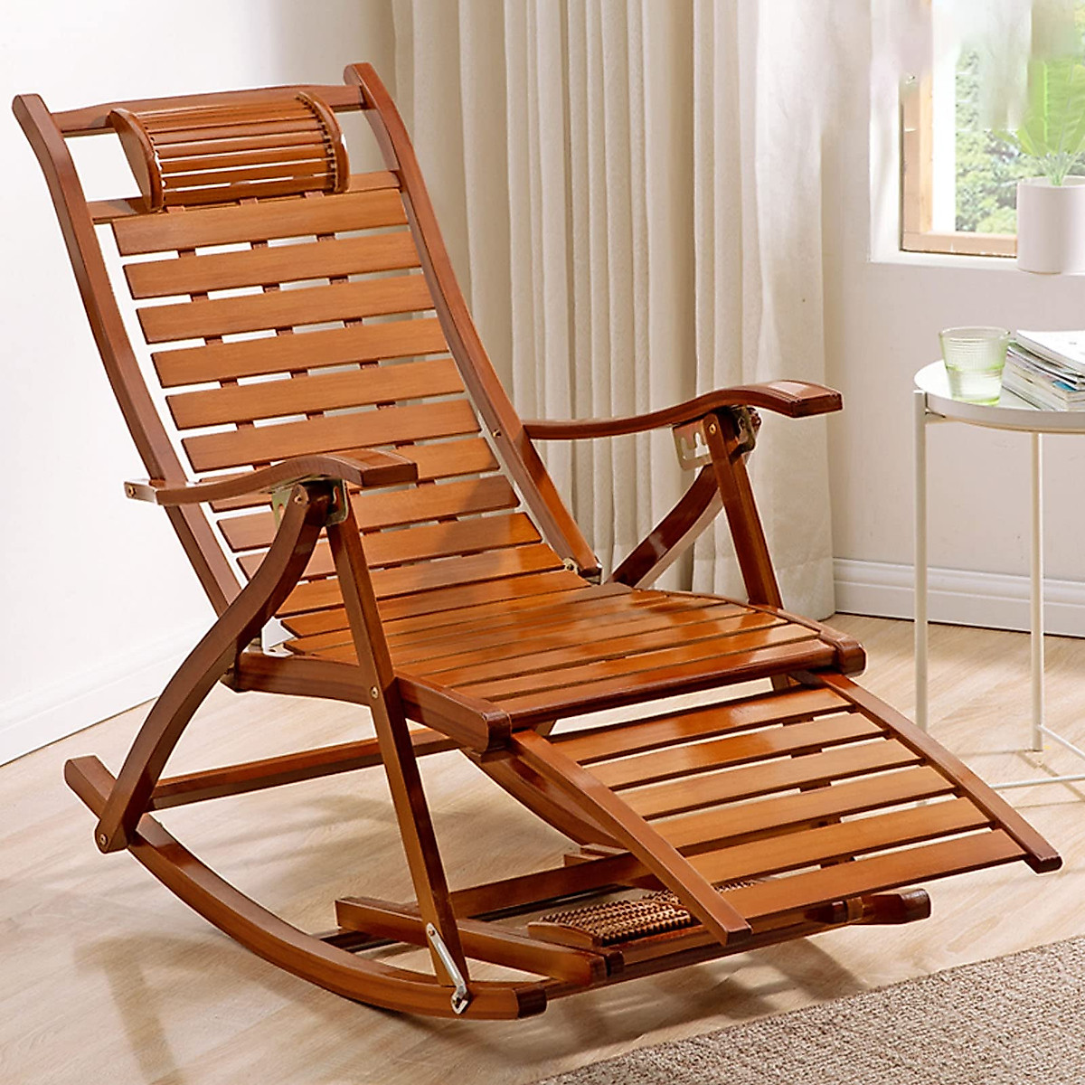 BROHN Lounge Chair, Foldable Wood Outdoor Chaise Lounge Rocking Chair Porch Rocker Outdoor Sun Lounger