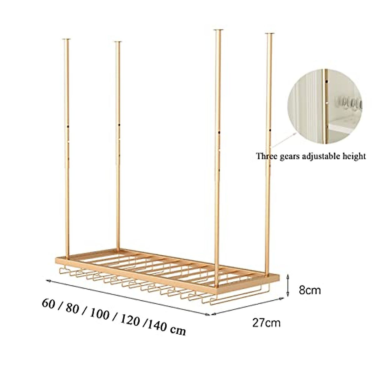 Hanging Wine Rack from Ceiling， Modern Metal Wine Bottle Holder Wall Mounted Champagne Glass Goblets Stemware Rack Storage Shelf Gold Display Racks (Size : 60x27x8cm)