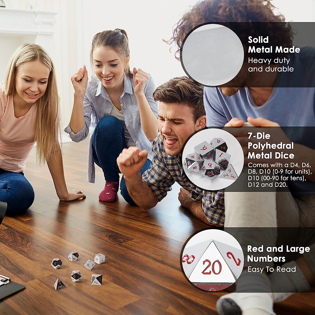 Metal Polyhedral DND Dice Set (7 Game Dice Plus Custom Tin Case) Dire Wolf Dice Gift Set for Role Playing RPG Like Dungeons and Dragons D&D, Pathfinder, Magic The Gathering MTG Games… (Silver & Red)…