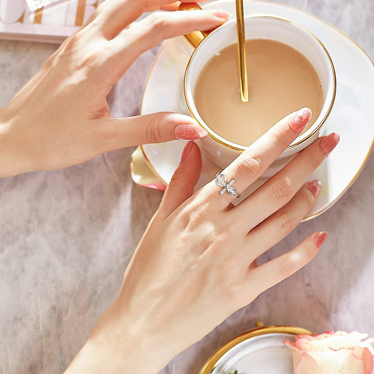 DAOCHONG Inspirational Jewelry 925 Sterling Silver Engraved Faith Hope Love Cubic Zirconia Cross Infinity Ring, Size 7