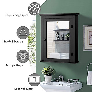 HOMGX Bathroom Mirror Cabinet, Wall Mounted Cabinet with Mirror Door, Adjustable Shef, Round Knob, Space Saving Wood Medicine Cabinet for Kitchen (Black)