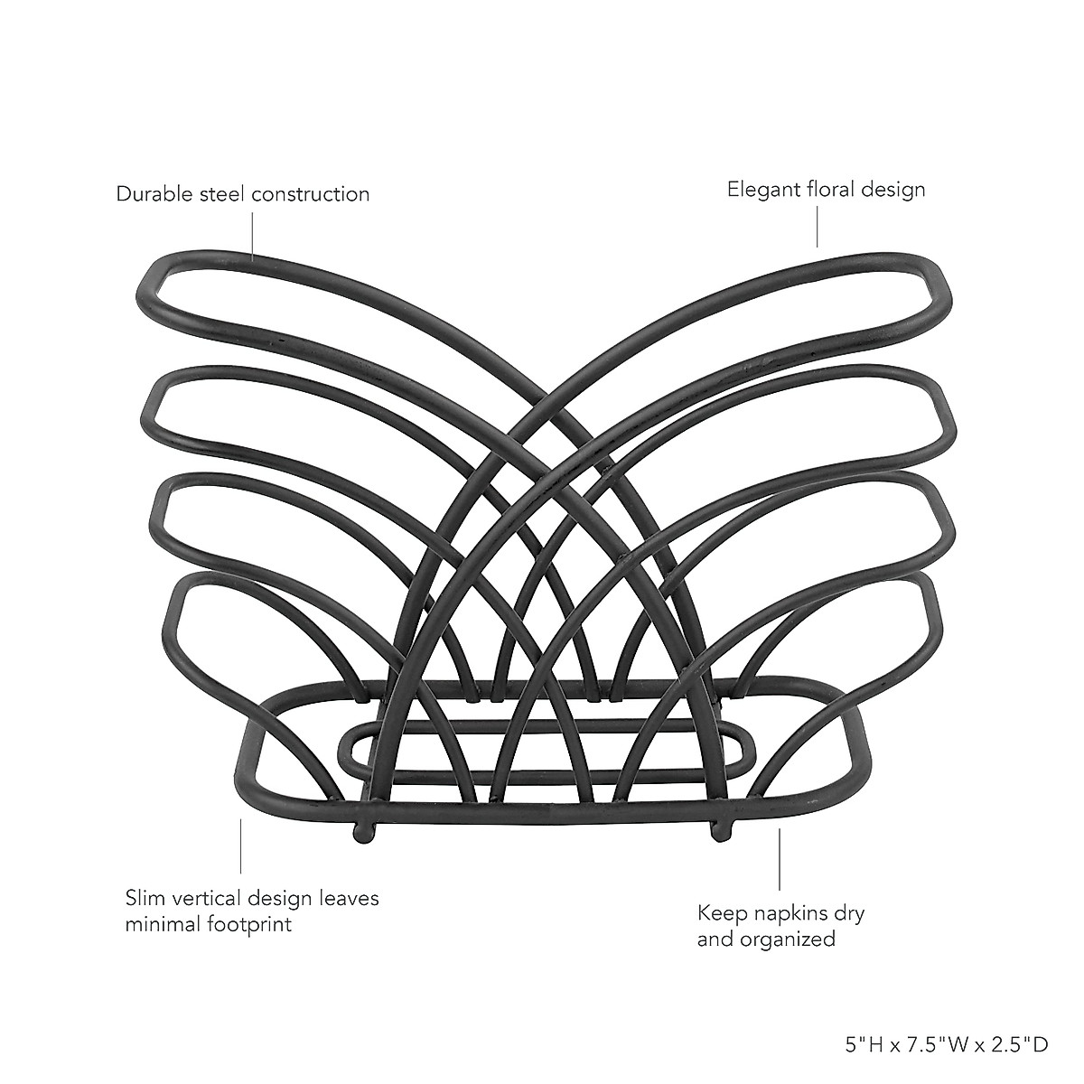 Spectrum Flower Napkin Holder (Black) - Dispenser & Décor for Kitchen, Dining Room, Outdoor, & Bar Tabletop Storage